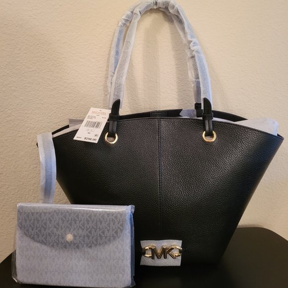 Michael Kors | Bags | New Michael Kors Black Leather Izzy Fan Tote Bag ...